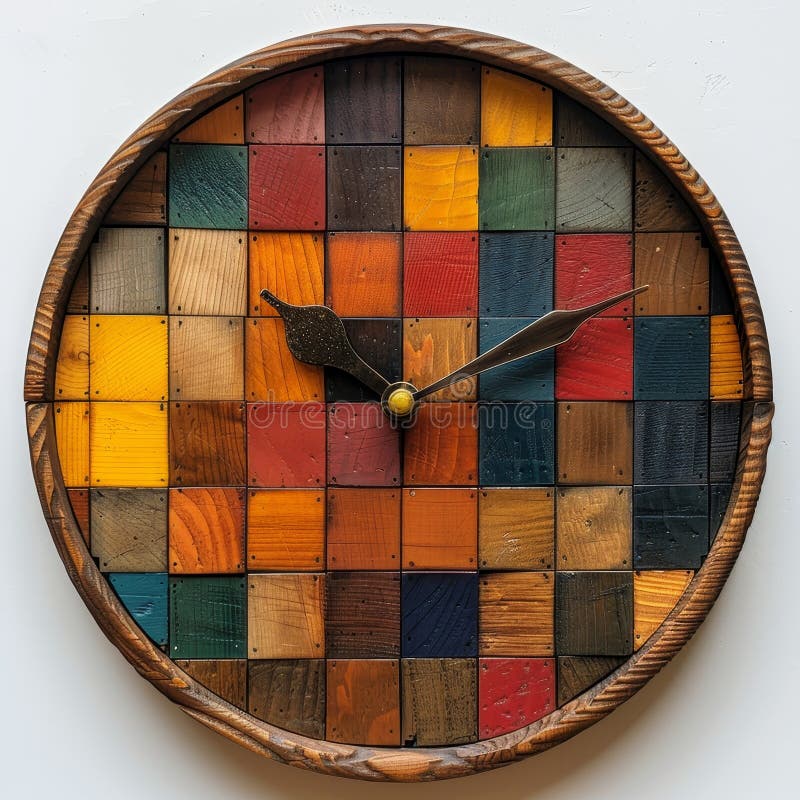 Rustic Wooden Mosaic Wall Clock with Colorful Square Blocks Stock Photo ...
