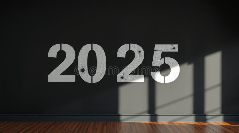 Rustic Wooden Numbers 2025 on a Dark Wall with Sunlight Shadows on a ...