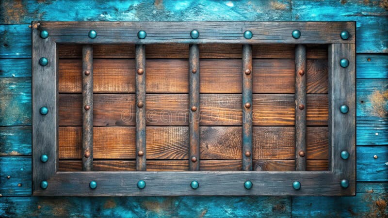 Rustic Wooden Panel with Decorative Metal Accents and a Distressed Teal ...
