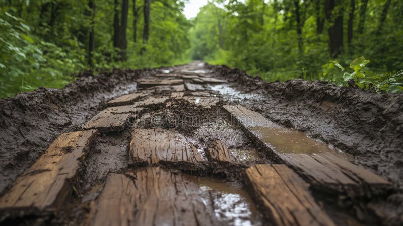 Rustic Wooden Path in Lush Forest on a Rainy Day Stock Illustration ...