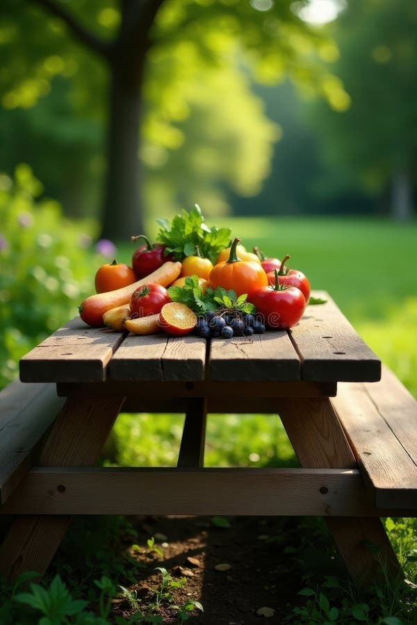Rustic Wooden Picnic Table Laden with Fresh Produce, Local, Background ...