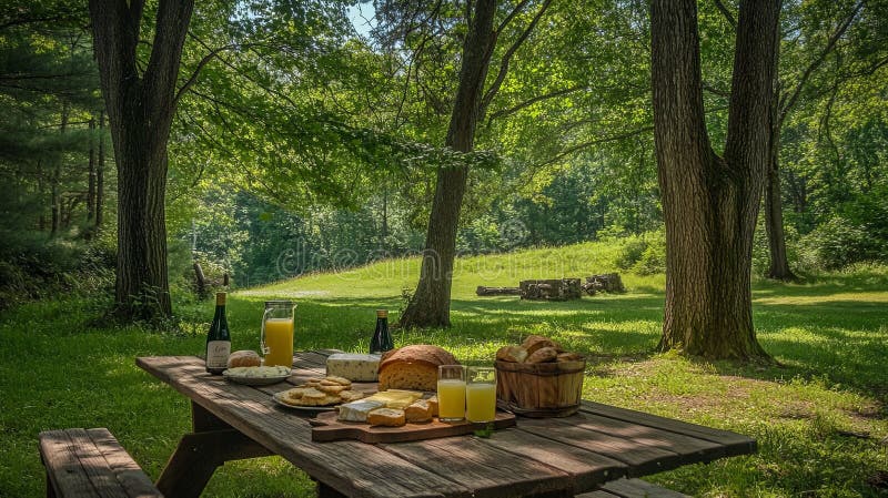 A Rustic Wooden Picnic Table Set with Fresh Bread, Cheese, and Stock ...