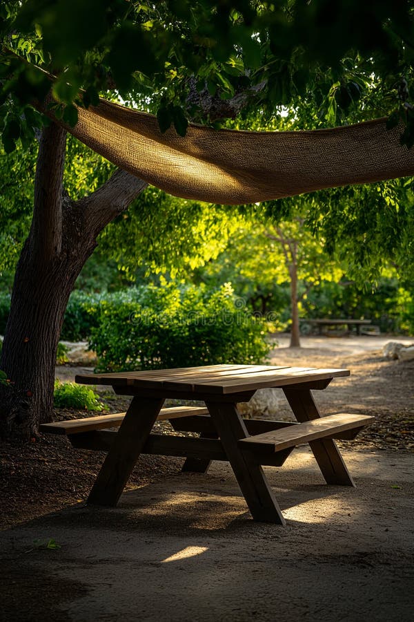 Wooden Picnic Table Under Shady Tree Canopy, Inviting for Relaxation ...