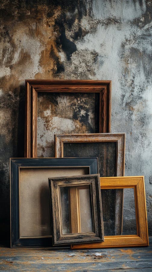 Rustic Wooden Picture Frames Against Vintage Textured Wall Stock ...