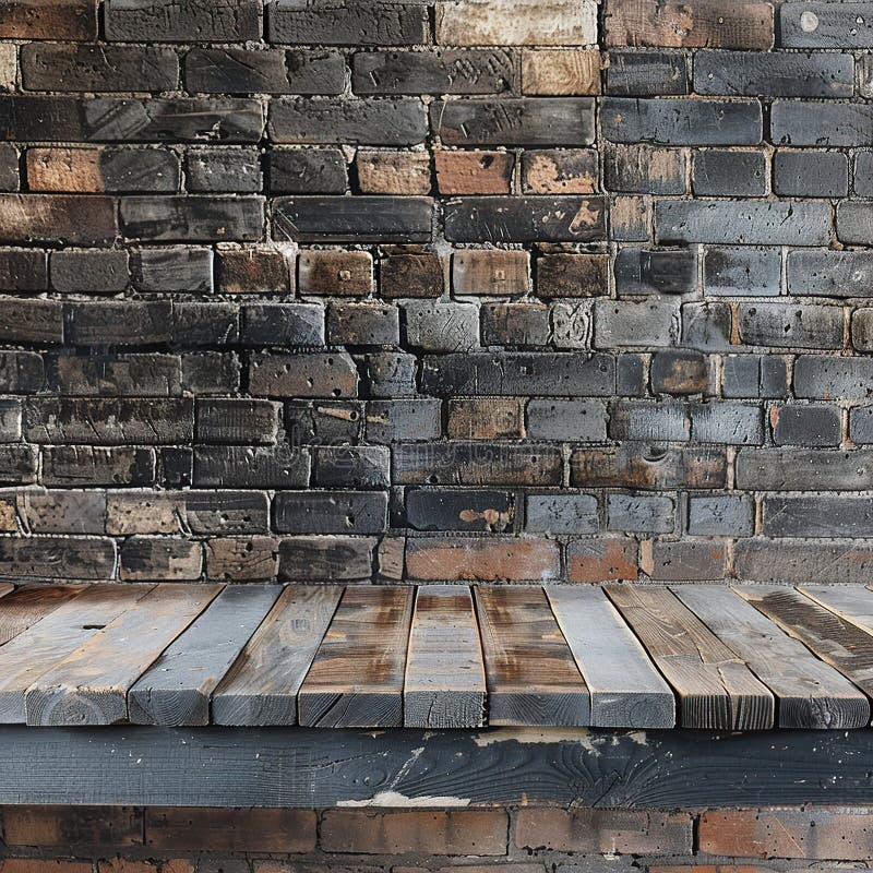 Rustic Wooden Planks on Aged Brick Wall Background Stock Illustration ...