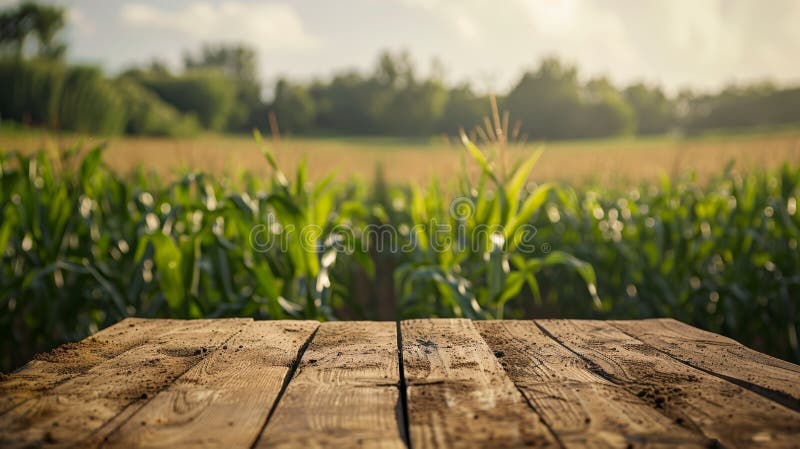 Rustic Wooden Planks in Front of a Lush Green Cornfield with a Blurry ...