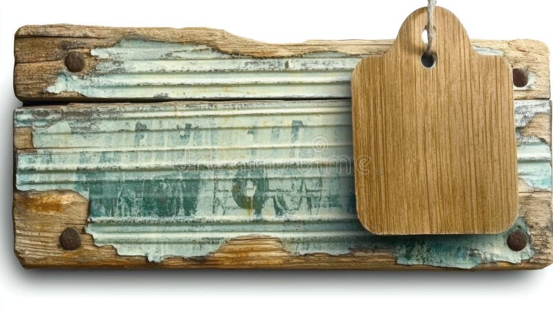 Rustic Wooden Plaque with Blank Tag on Aged Textured Board Stock Photo ...