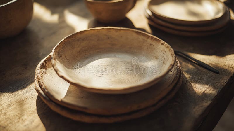 Rustic Wooden Plates and Bowls on Sunlit Table Stock Illustration ...