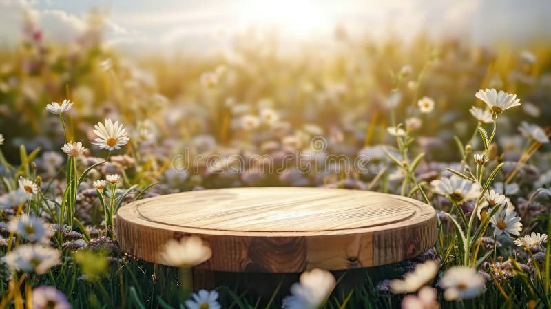 Rustic Wooden Platform in Flower Meadow at Golden Hour Stock ...