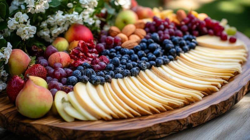 A Rustic Wooden Platter Filled with an Assortment of Fruits, Berries ...