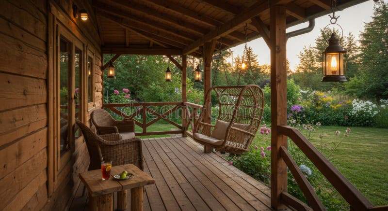 Rustic Wooden Porch at Sunset with Garden View Stock Illustration ...