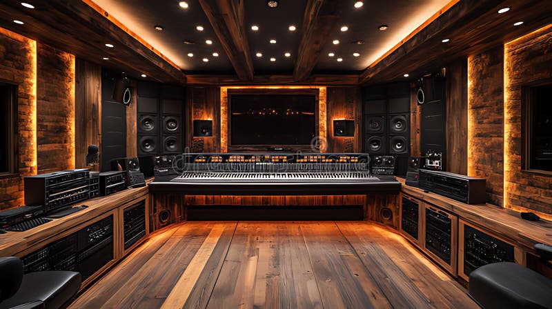 Rustic Wooden Recording Studio, Mixing Console, Warm Lighting, Mountain ...