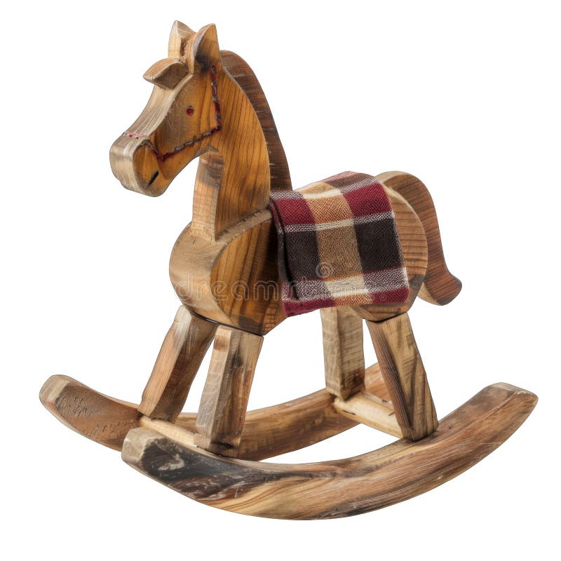 Rustic Wooden Rocking Horse with Plaid Saddle Blanket Stock Image ...