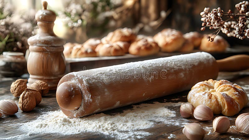 Rustic Wooden Rolling Pin Dusted with Flour, beside Freshly Baked Bread ...
