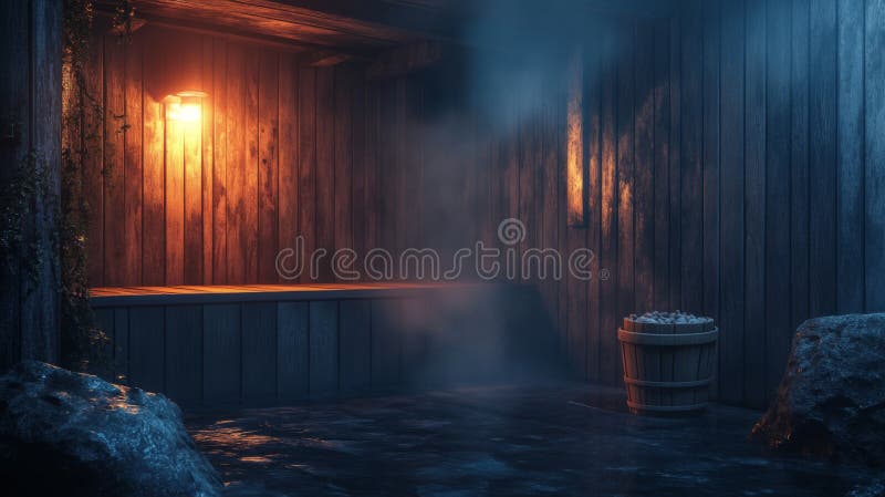A Rustic Wooden Sauna Interior with Steam and a Bucket of Rocks Stock ...