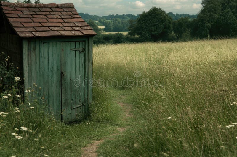 Rustic Wooden Shed on Path Surrounded by Lush Green Fields and Trees ...