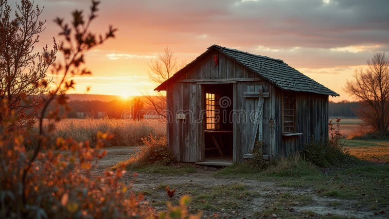 Rustic Wooden Shed at Sunset in Tranquil Countryside Landscape Stock ...