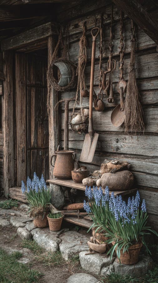 Rustic Wooden Shed with Vintage Tools and Spring Flowers Stock ...