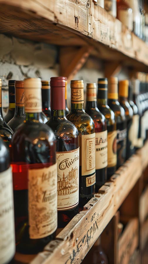 A Rustic Wooden Shelf Displaying an Array of Vintage Liquor Bottles in ...