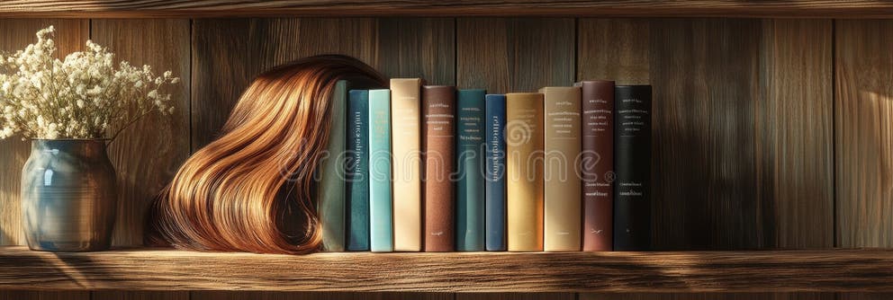 Rustic Wooden Shelf Displaying a Curated Stack of Diverse Books with a ...