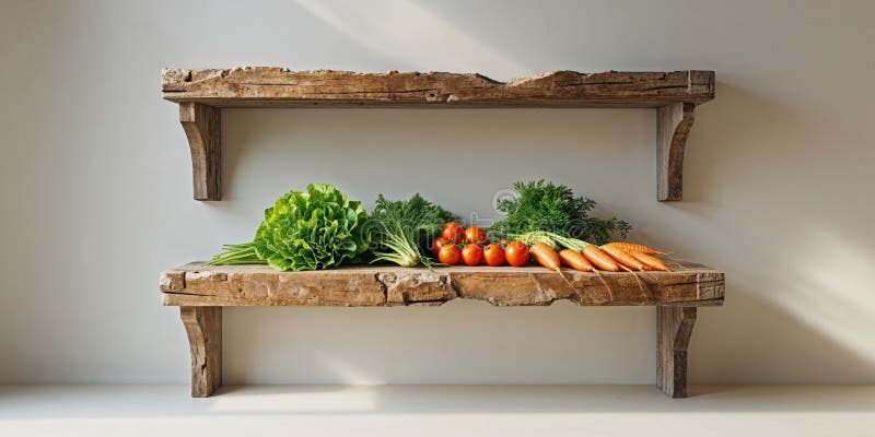 Rustic Wooden Shelf Displays Fresh Produce Stock Photo - Image of ...