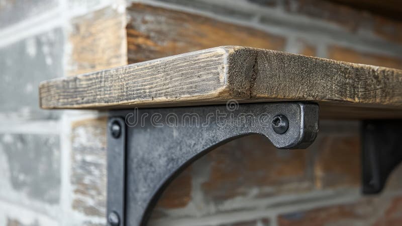 Rustic Wooden Shelf with Metal Bracket on Brick Wall. Stock Image ...