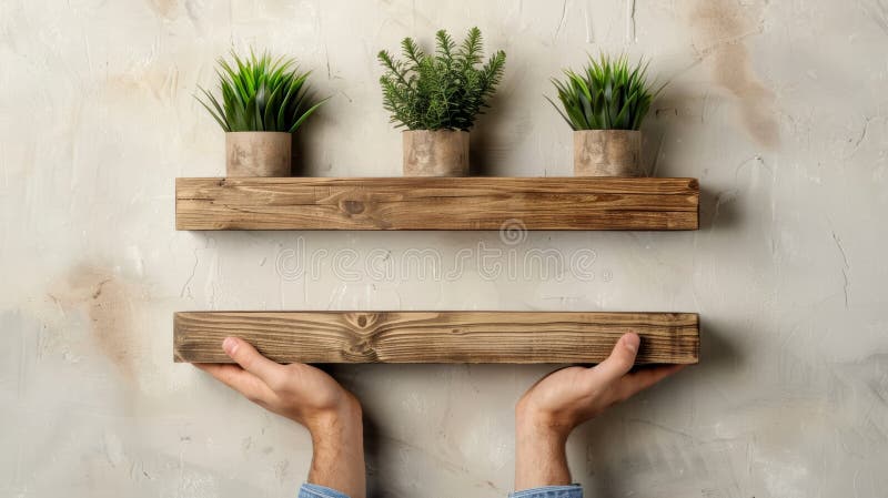 Rustic Wooden Shelf with Plants, One on the Wall and One Held in Hands ...