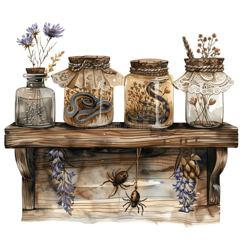 Rustic Wooden Shelf with Vintage Jars Containing Preserved Snakes Stock ...