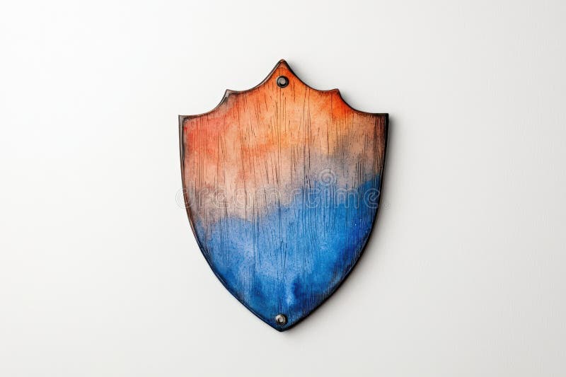 A Rustic Wooden Shield Featuring a Vibrant Orange and Blue Gradient ...