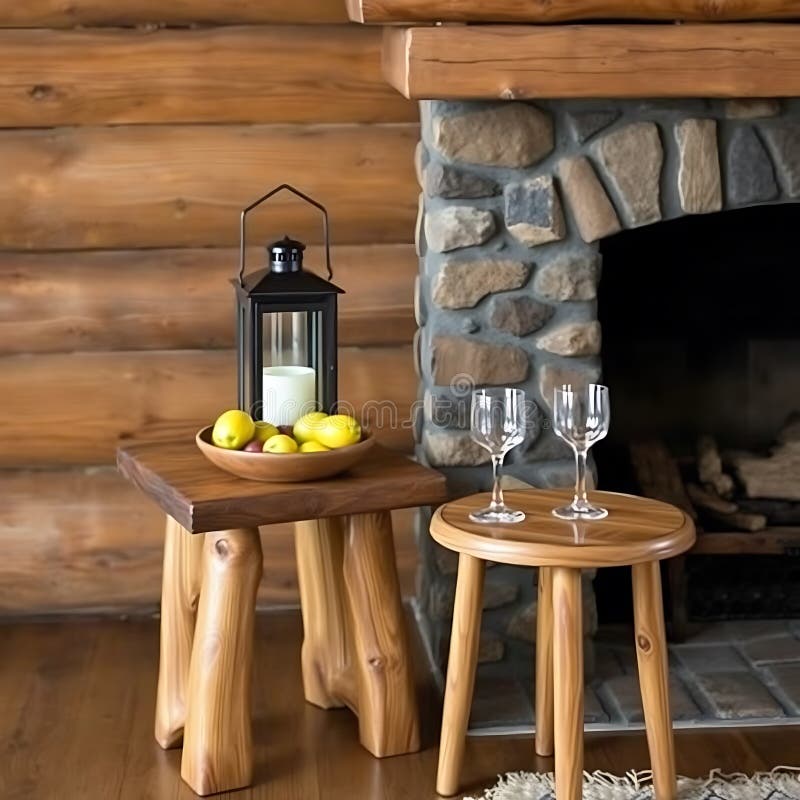 A Rustic Wooden Side Table in a Cabin Setting Next To a Stone Fireplace ...