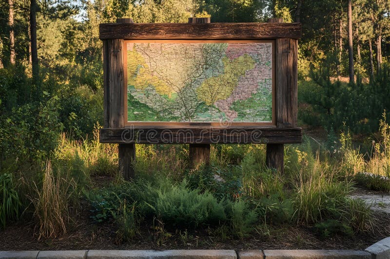 Rustic Wooden Sign with Illuminated Map in Forest Setting Stock Photo ...