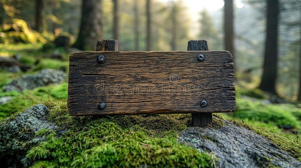 Rustic Wooden Sign in a Mossy Forest Stock Illustration - Illustration ...