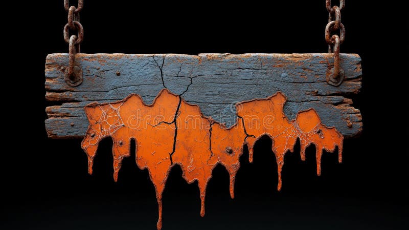 Rustic Wooden Sign with Orange Paint Drips Hanging from Chains on a ...