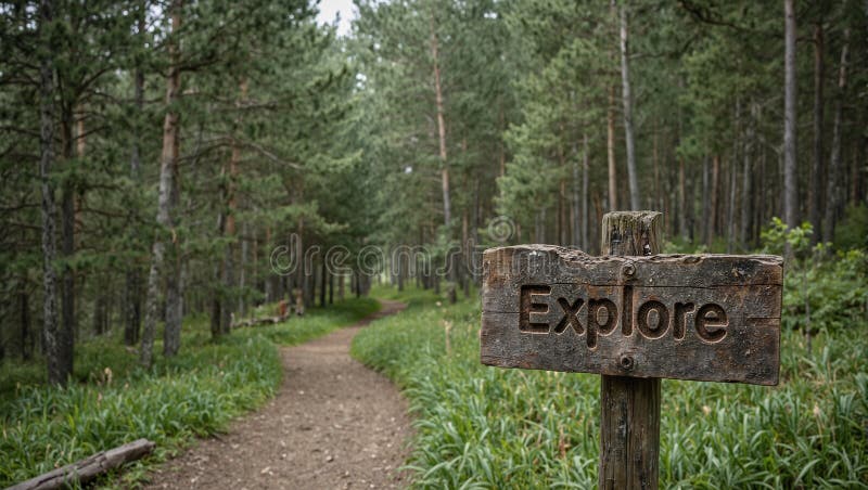 Rustic Wooden Sign Reading Explore at Forest Trail Entrance Stock Illustration - Illustration of ...