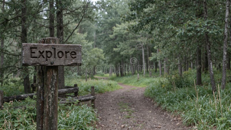Rustic Wooden Sign Reading Explore at Forest Trail Entrance Stock Illustration - Illustration of ...