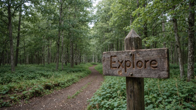 Rustic Wooden Sign Reading Explore at Forest Trail Entrance Stock ...