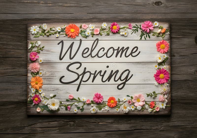 A Rustic Wooden Sign with Welcome Spring Surrounded by Flowers. Stock ...