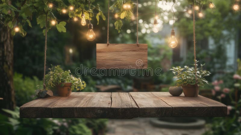 Rustic Wooden Signboard Hanging in Lush Garden with String Lights Stock ...