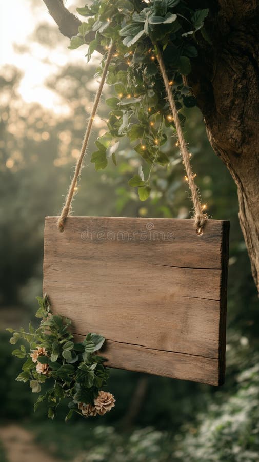Rustic Wooden Signboard Hanging on Tree Amidst Greenery for Decor or ...