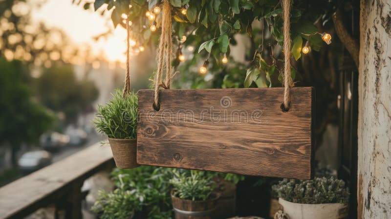 Rustic Wooden Signboard Hanging on Tree with Plants and Lights at ...
