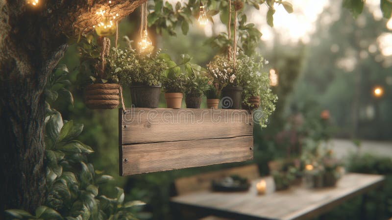 Rustic Wooden Signboard Hanging on Tree with Potted Plants in Tranquil ...