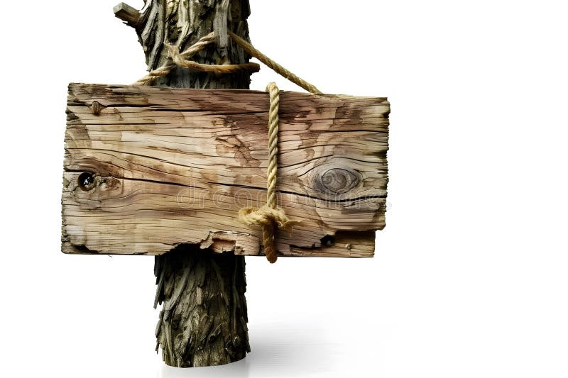 Rustic Wooden Signboard with Rope on Tree Trunk,Isolated on White ...