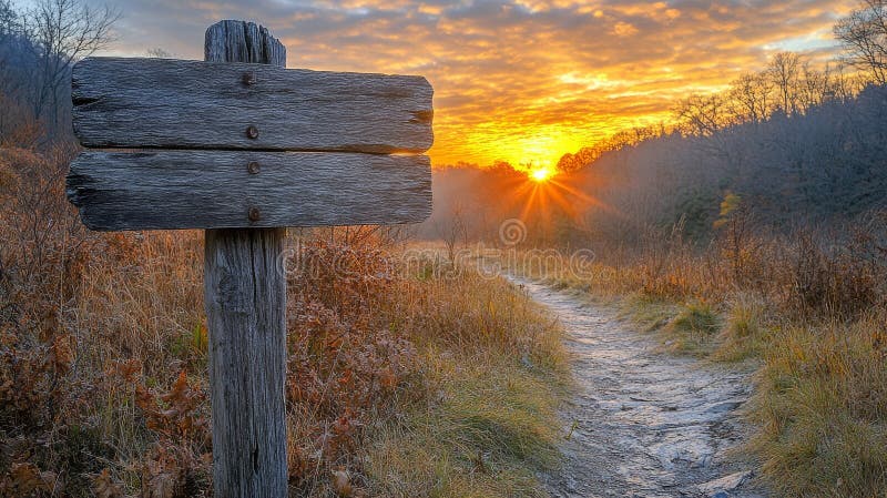 Rustic Wooden Signpost on Forest Path at Sunrise Stock Illustration ...