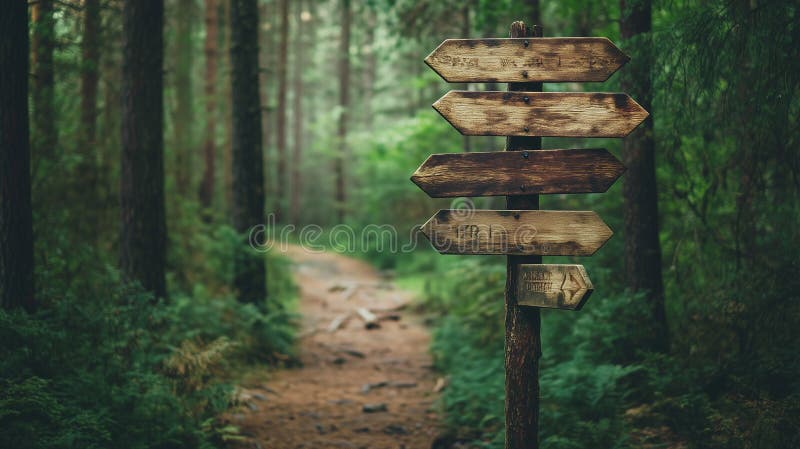 Rustic Wooden Signpost Indicating Multiple Paths in a Serene Forest ...