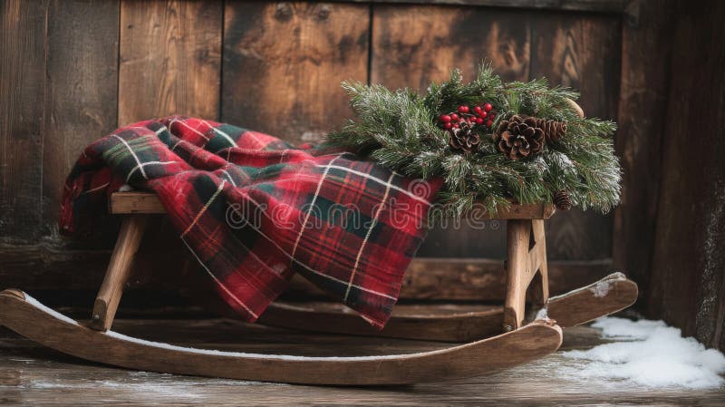 Rustic Wooden Sled Adorned with Evergreen Sprigs, Pinecones, and Red ...