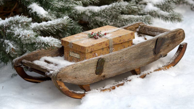 A Rustic Wooden Sled with a Gift Box Resting on Snow Stock Illustration ...