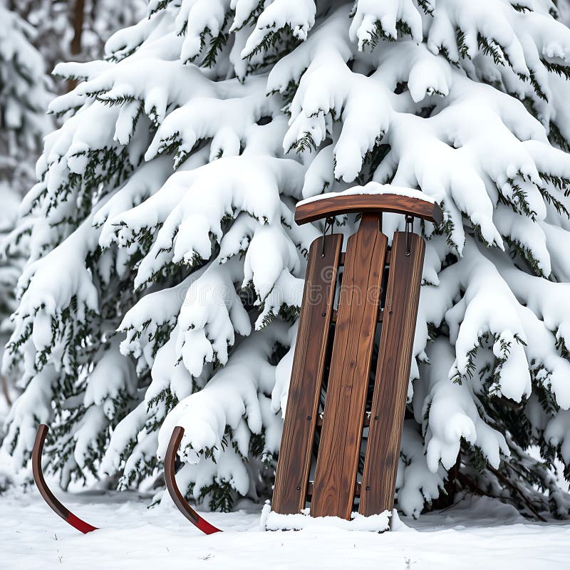 A Rustic Wooden Sled Leaning Against a Snow Covered Tree Stock ...