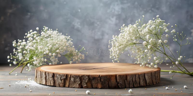 Rustic Wooden Slice Display with Delicate White Flowers and Subtle ...