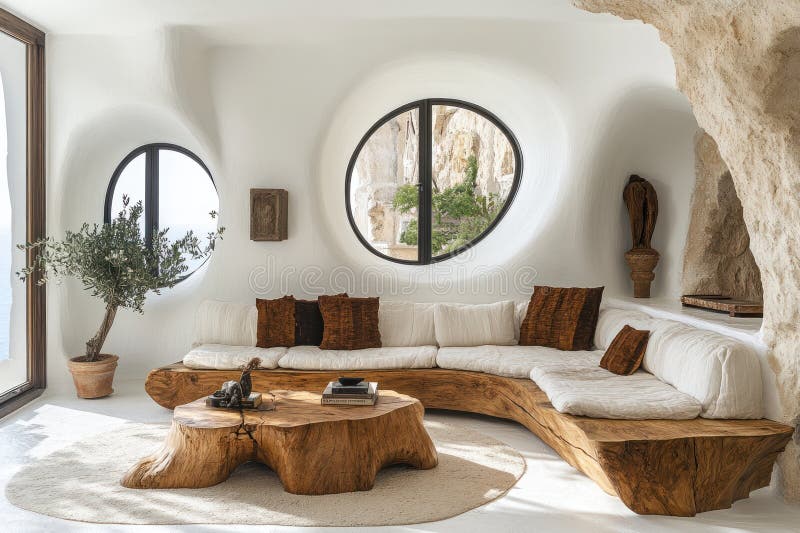 Rustic Wooden Sofa in Modern Living Room with Stone or Stucco ...