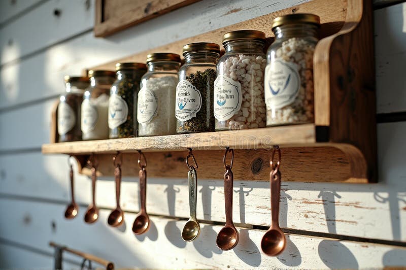 Rustic Wooden Spice Rack with Jars and Measuring Spoons in Sunlit ...